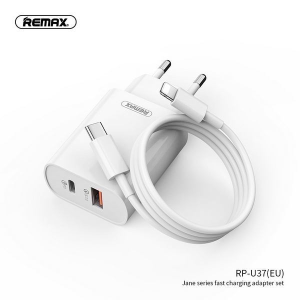 Bộ sạc nhanh Remax RP-U37 hai cổng USB QC3.0 và (C to IP) 18W EU/US